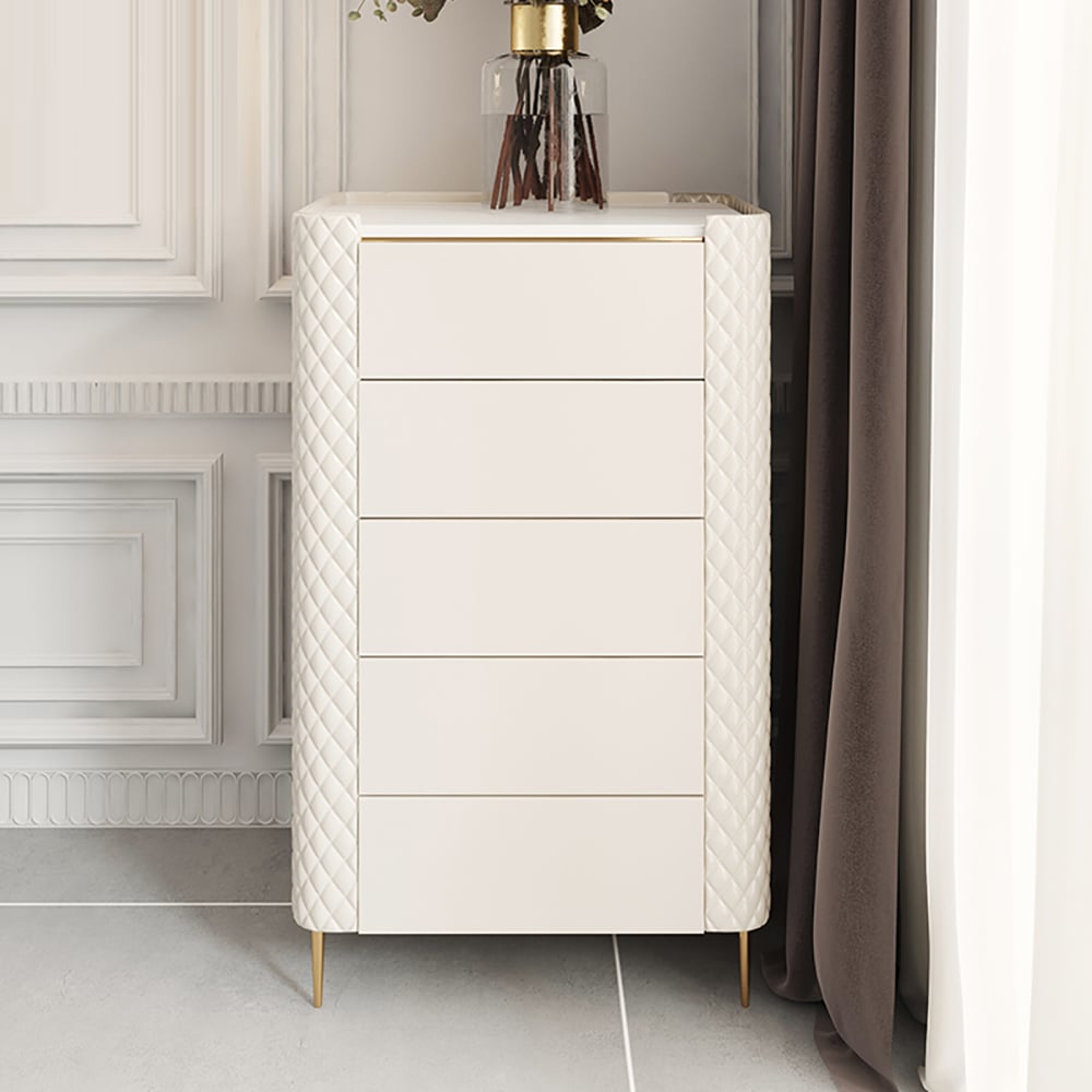 Off White 5 Drawers Accent Chest Cabinet with Sintered Stone Top & Faux ...