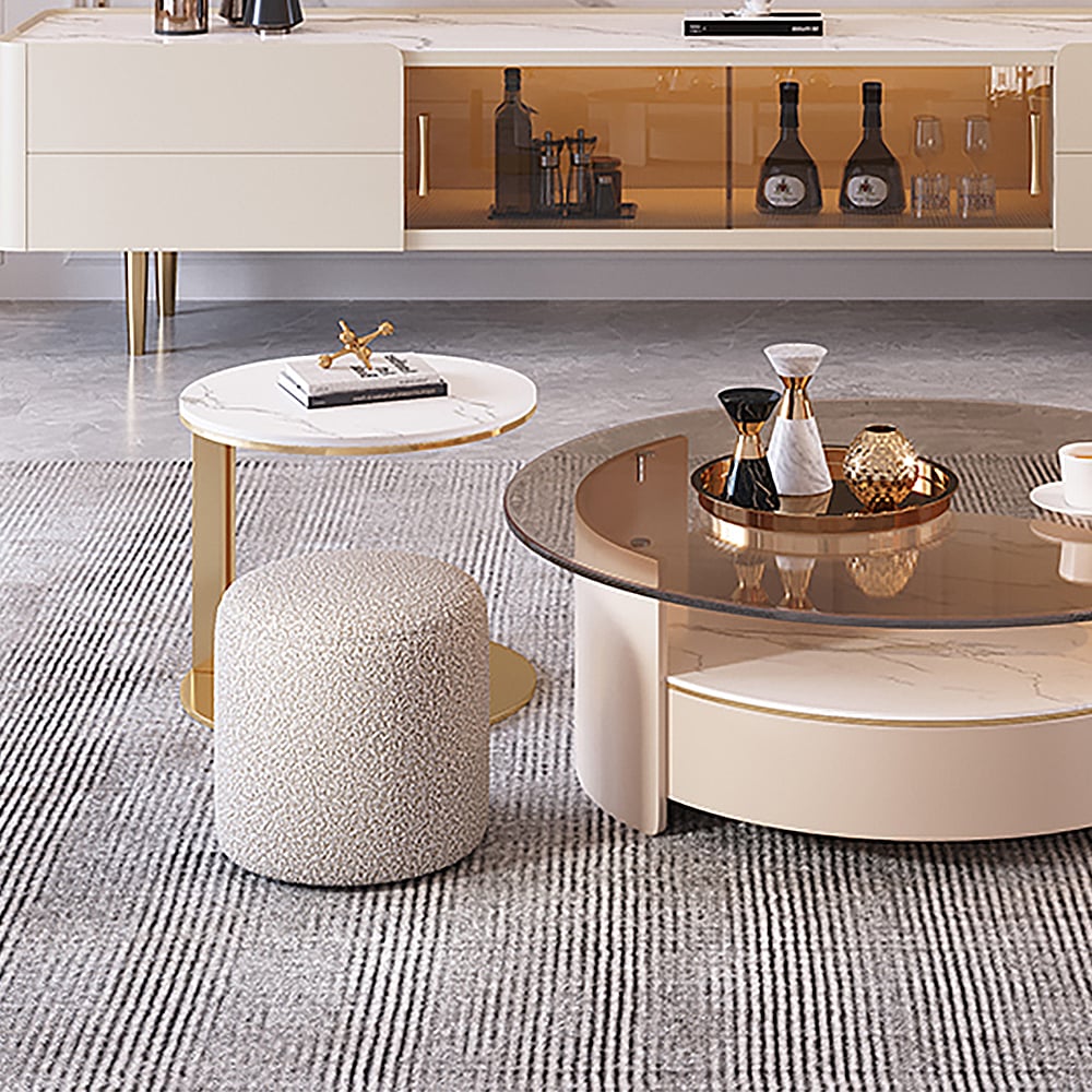 Contemporary Sintered Stone Top End Table with Ottoman Set of 2 with ...