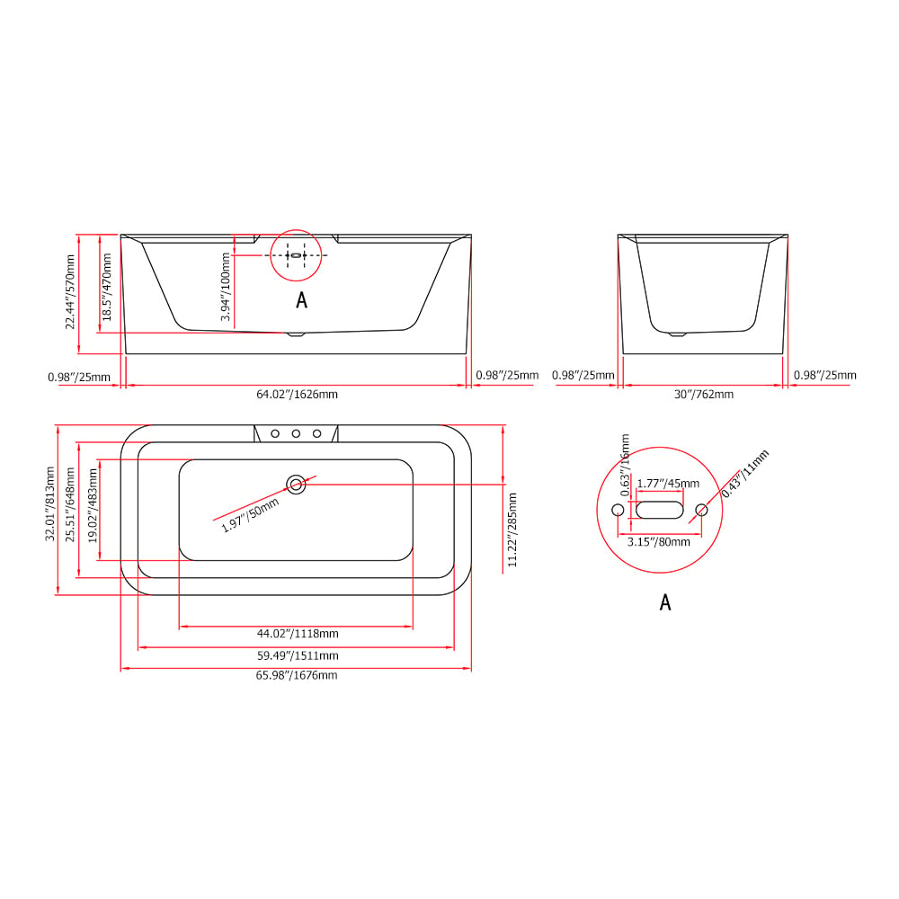 MicroSilk Acrylic Rectangular Bathtub with Massage in Red & Glossy ...
