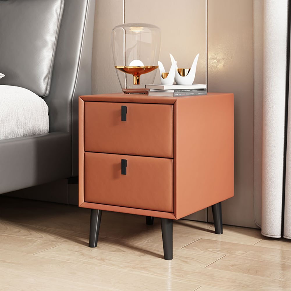 Modern Orange Faux Leather Nightstand in Pine Wood with 2 Drawer｜Homary