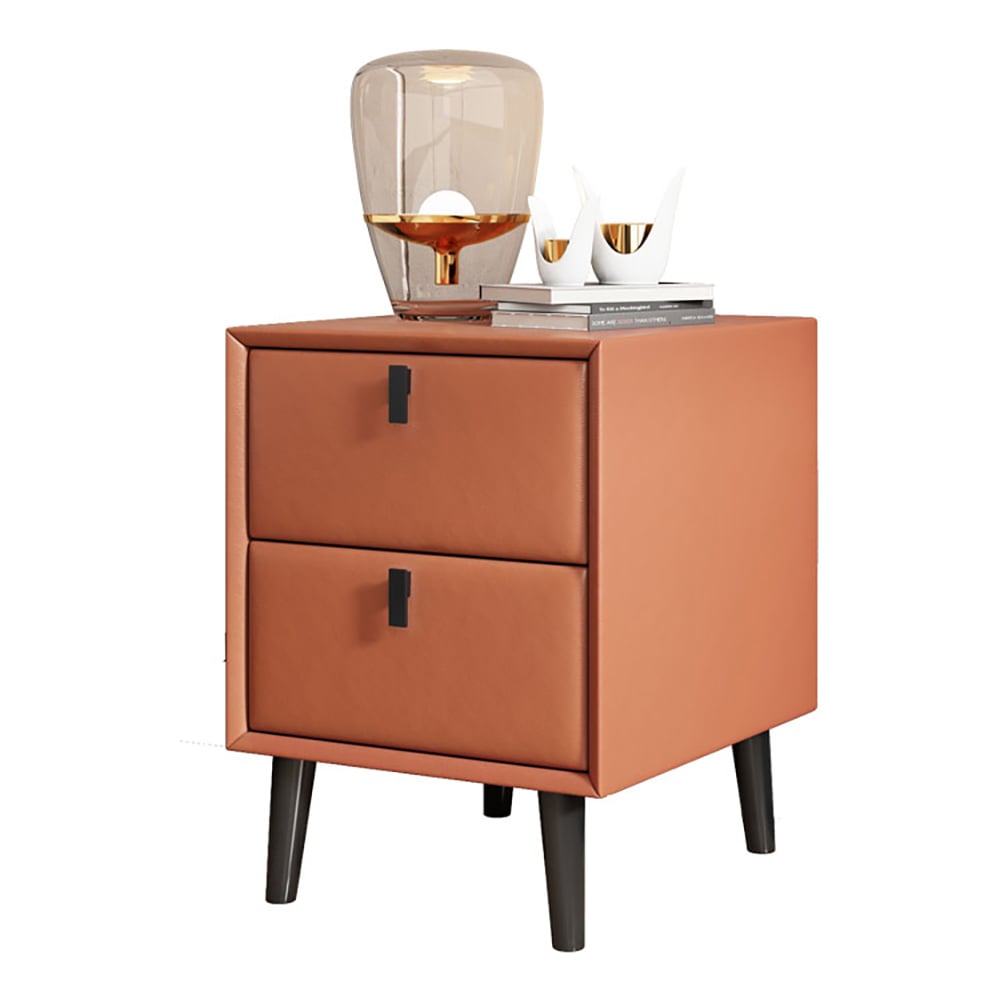 Modern Orange Faux Leather Nightstand in Pine Wood with 2 Drawer｜Homary
