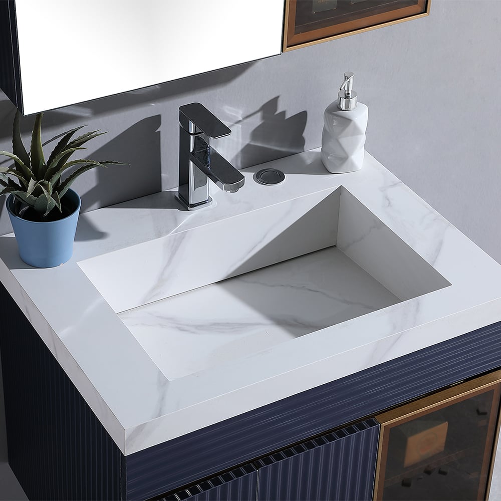 28" Blue Floating Bathroom Vanity Set with Medicine Cabinet & Integral ...