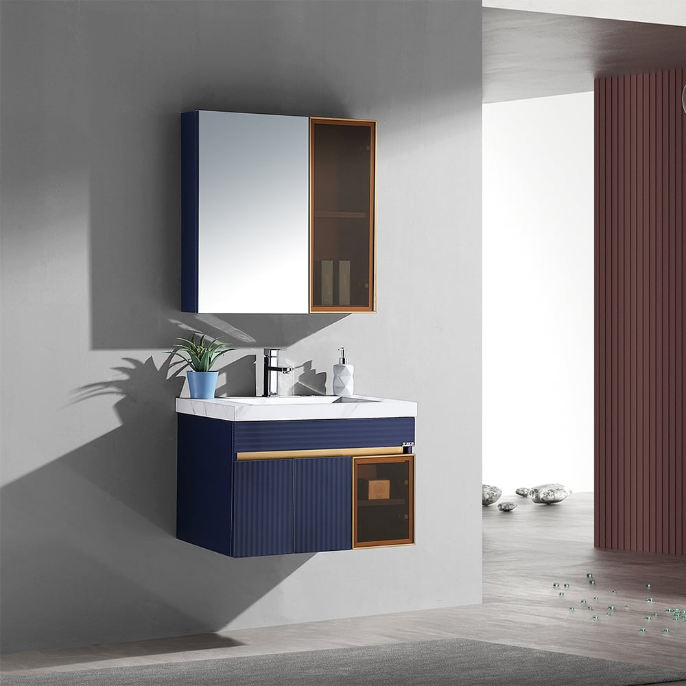 28" Blue Floating Bathroom Vanity Set with Medicine Cabinet & Integral ...