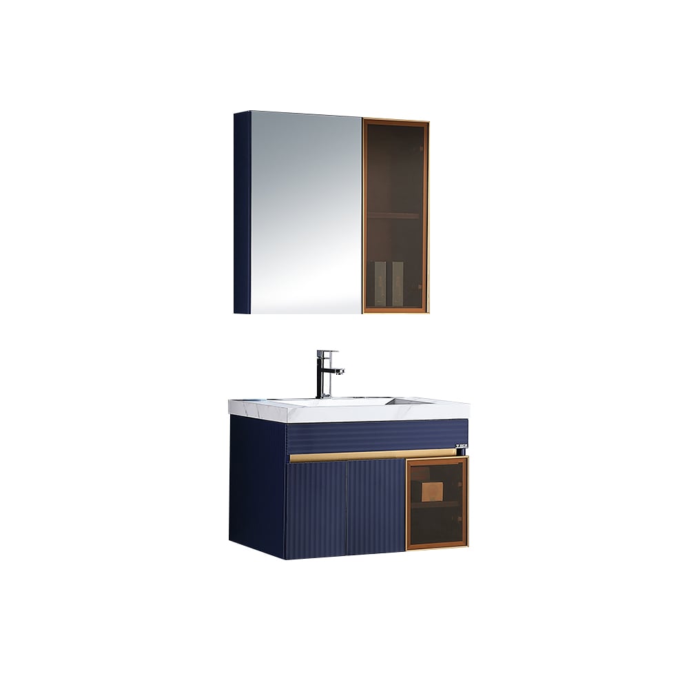 28" Blue Floating Bathroom Vanity Set with Medicine Cabinet & Integral ...
