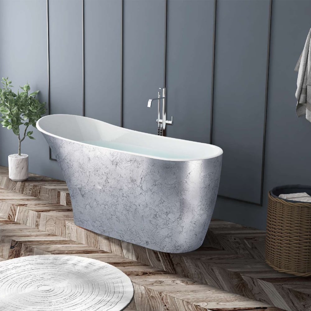 1600mm Freestanding Oval Acrylic Soaking Bath in Glossy Silver｜Homary UK