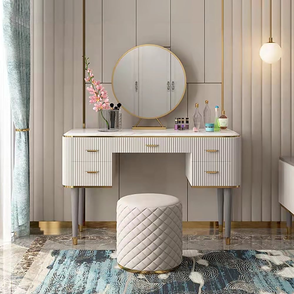 Modern Off White Makeup Vanity Set with Mirror & Stool｜Homary
