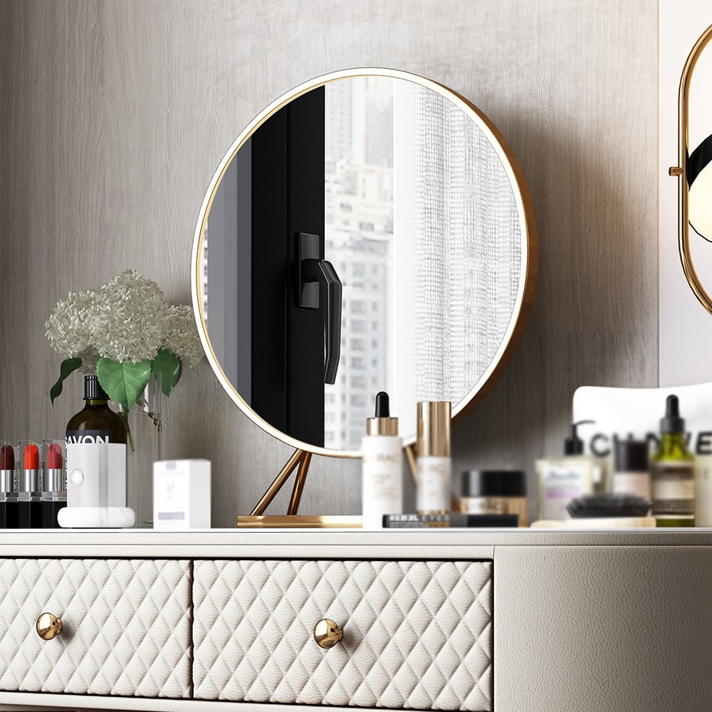 Off White Makeup Vanity Set Faux Leather Upholstered with Mirror ...