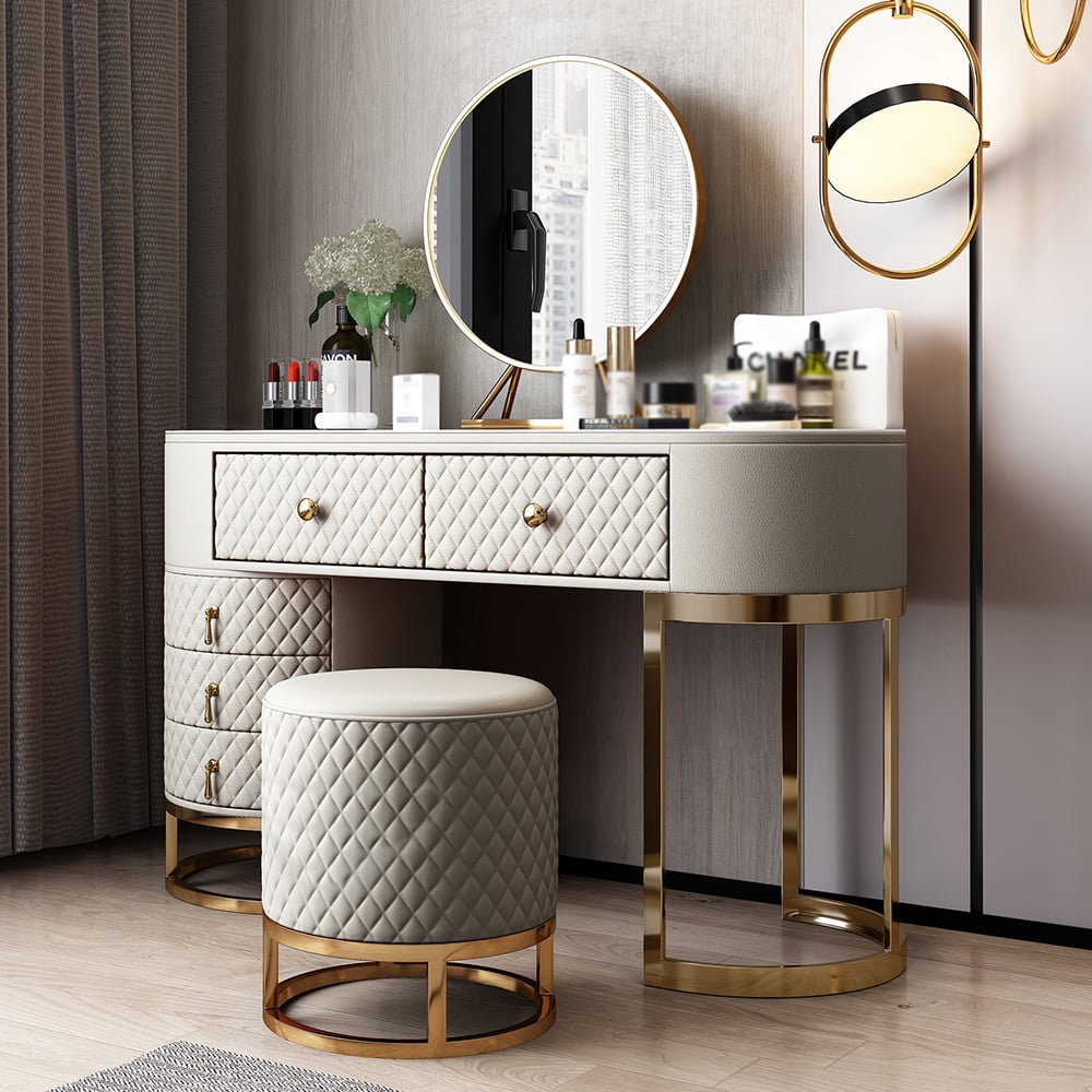 Off White Makeup Vanity Set Faux Leather Upholstered with Mirror ...