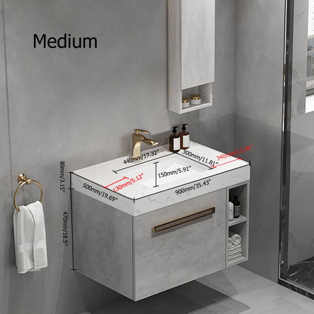 900mm Grey Floating Bathroom Vanity Single Basin with Faux Marble Top ...