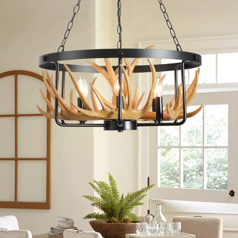 Black 6-Light Resin Deer Horn Antler Rustic Candelabra Ceiling ...
