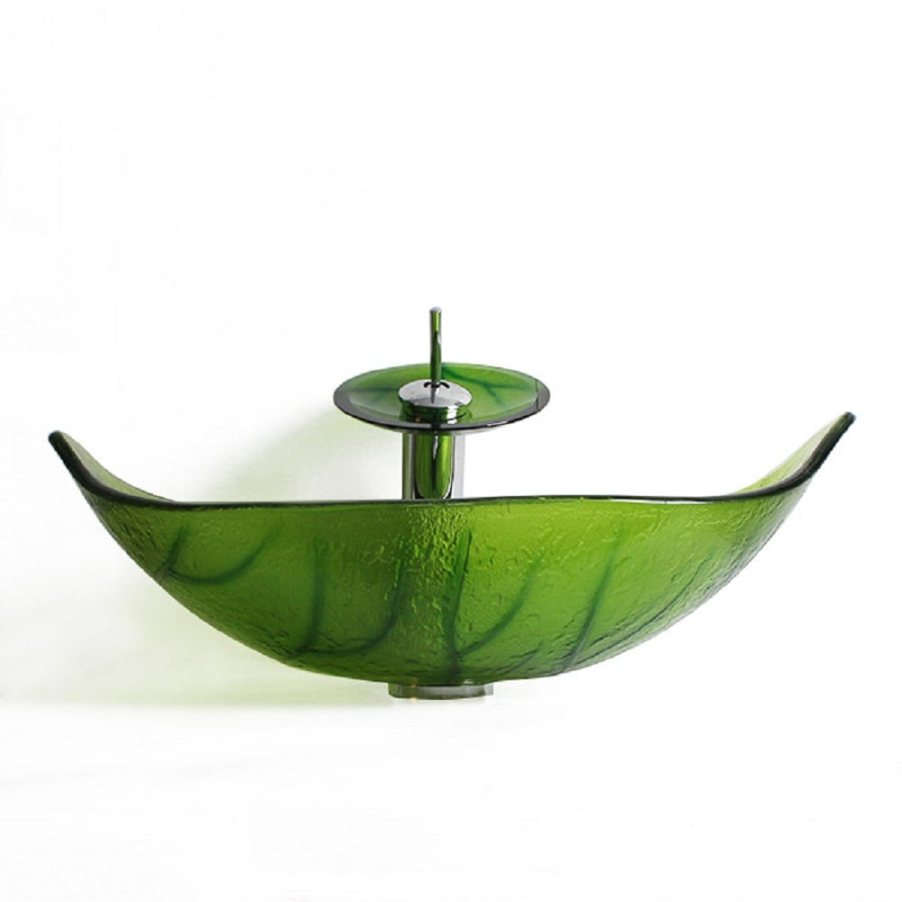 Modern Light Green Leaf Shaped Tempered Glass Vessel Sink Waterfall ...