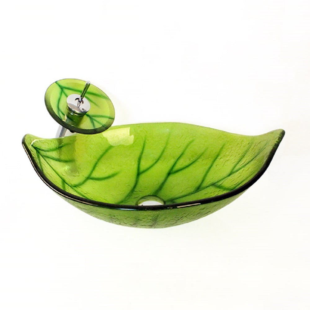 Modern Light Green Leaf Shaped Tempered Glass Vessel Sink Waterfall ...
