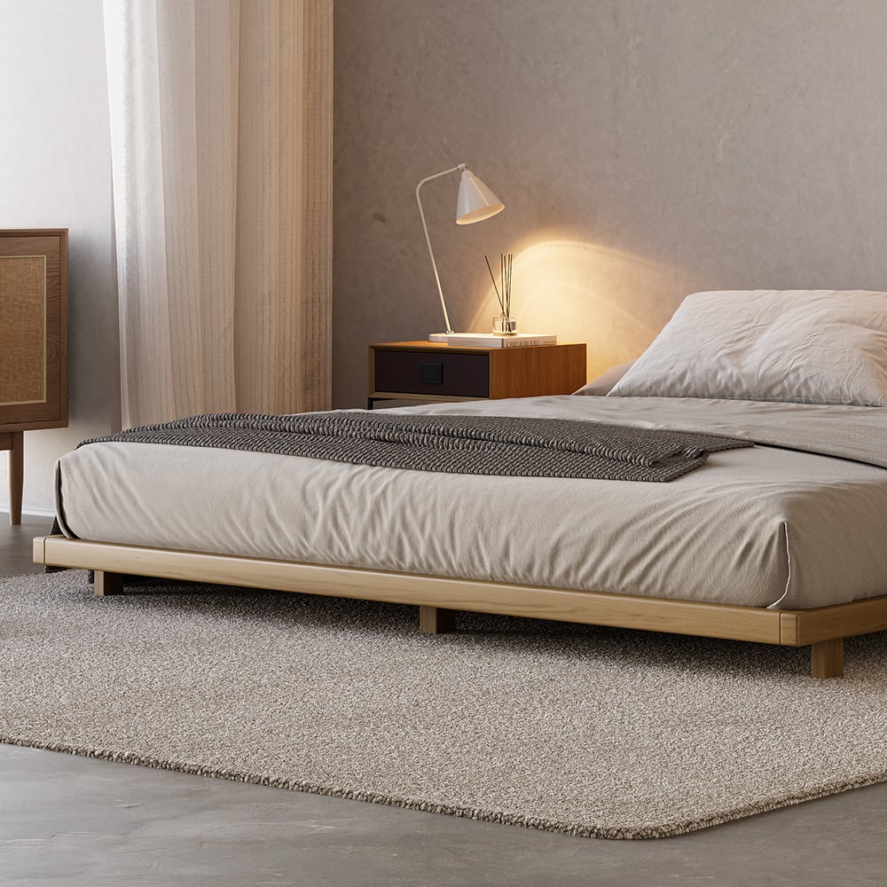 Japanese Style King Low Bed Frame Solid Wood Floor Bed in Walnut | Homary
