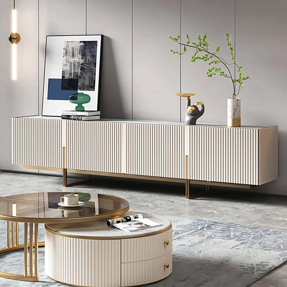 Grovyn 78.7" TV Stand & Round Glass Nesting Coffee Table Set | Homary