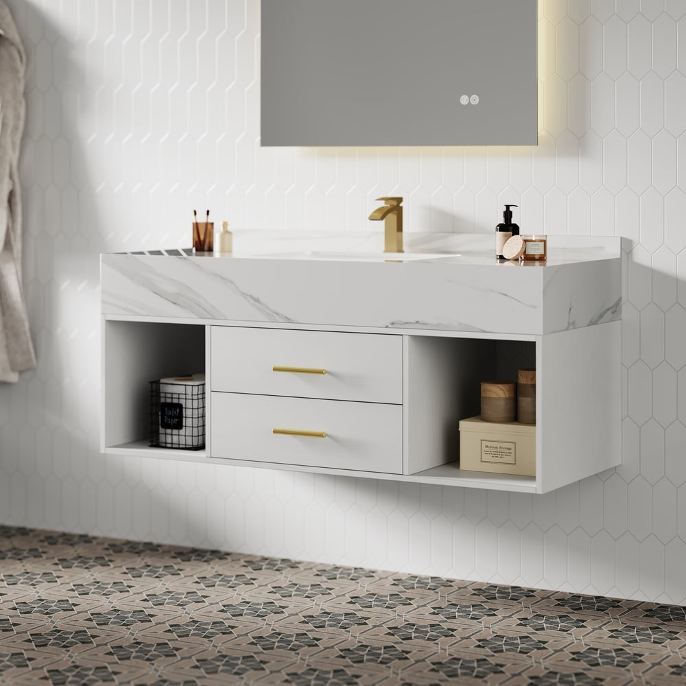 35" Floating Bathroom Vanity with Sintered Stone Vessel Sink with 2 ...