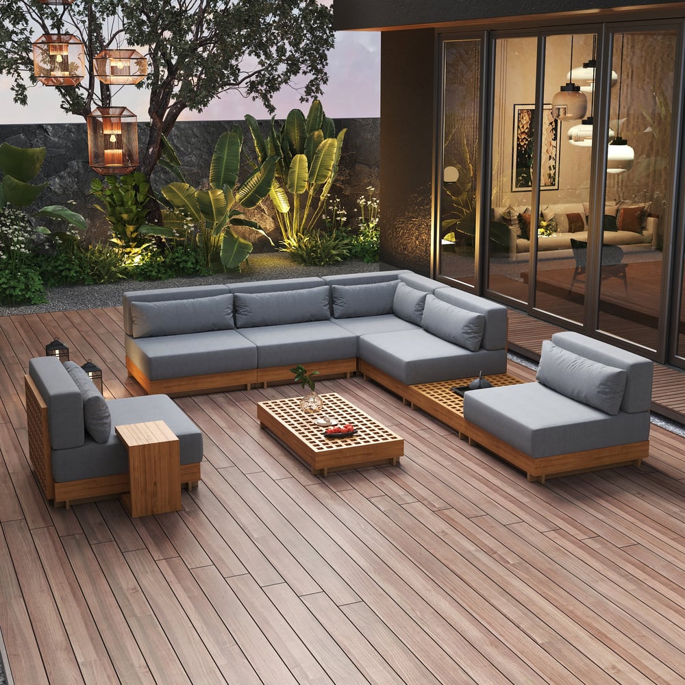 9-Piece Premium Teak Modular L-Shaped Outdoor Sectional Sofa Set in ...