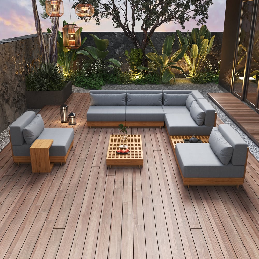 9-Piece Premium Teak Modular L-Shaped Outdoor Sectional Sofa Set in ...