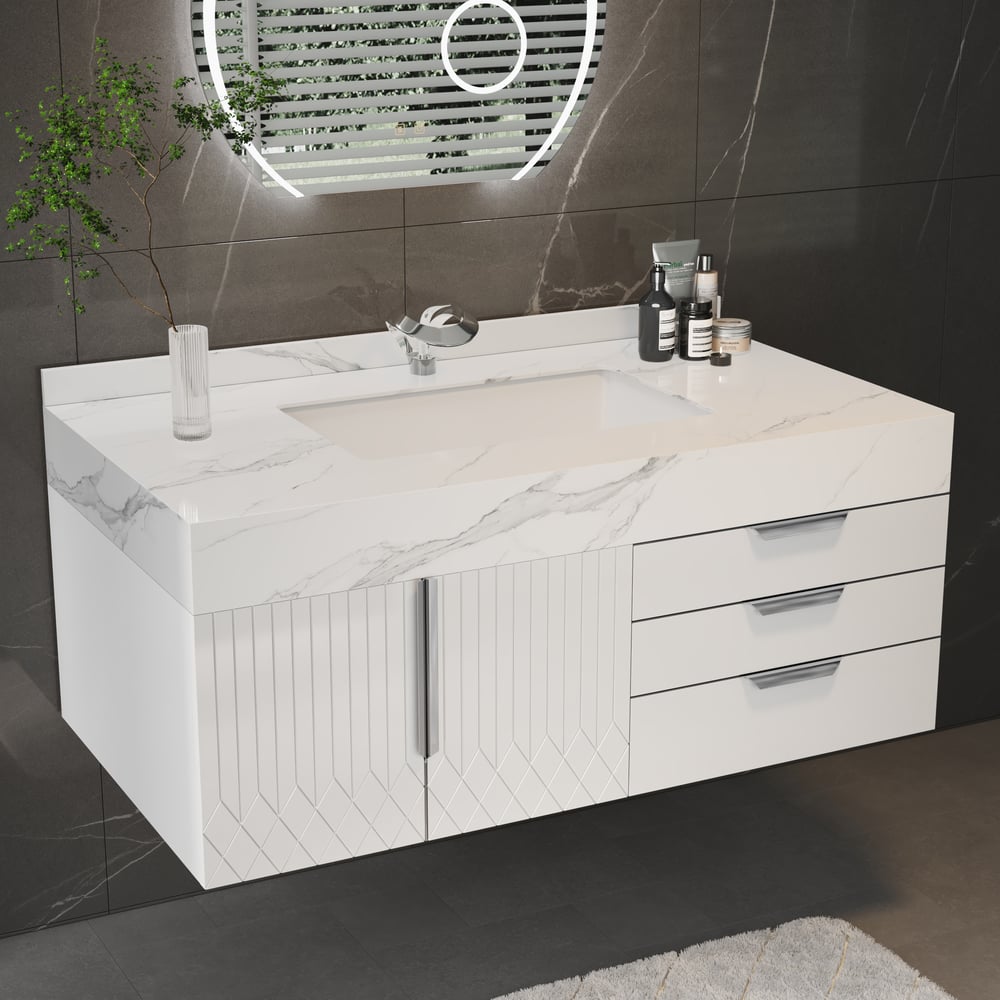 Aro 900mm White Wall Mounted Bathroom Vanity Drawers Faux Marble Top｜Homary