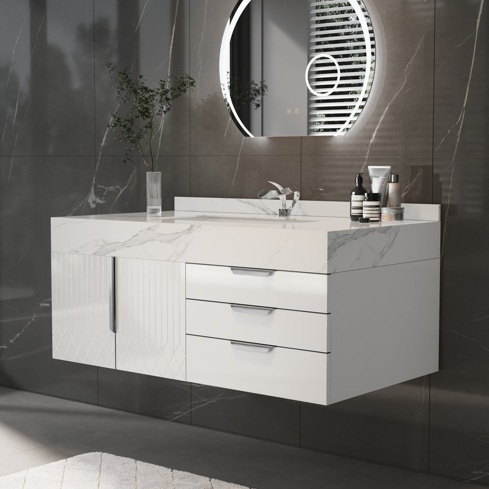 Aro 900mm White Wall Mounted Bathroom Vanity Drawers Faux Marble Top｜Homary