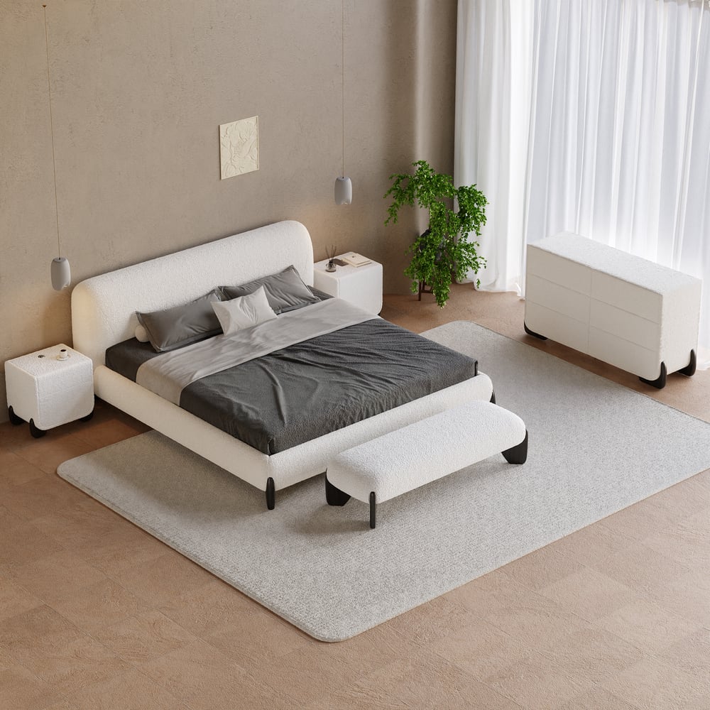 Modern White Boucle Bedroom Bench Upholstered Long Bench with Wood Legs ...