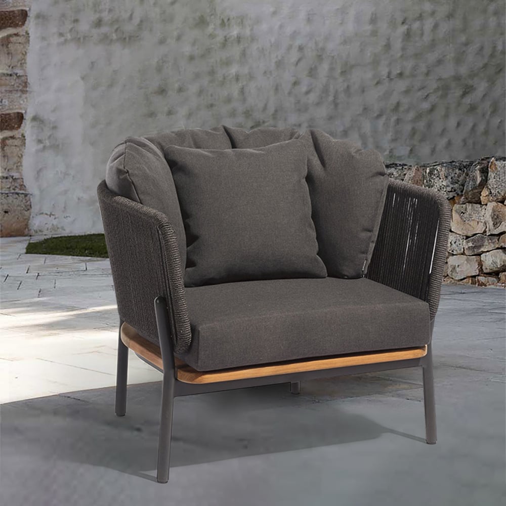 Woven Rope Outdoor Accent Chair with Cushion and Back Aluminum in Dark ...
