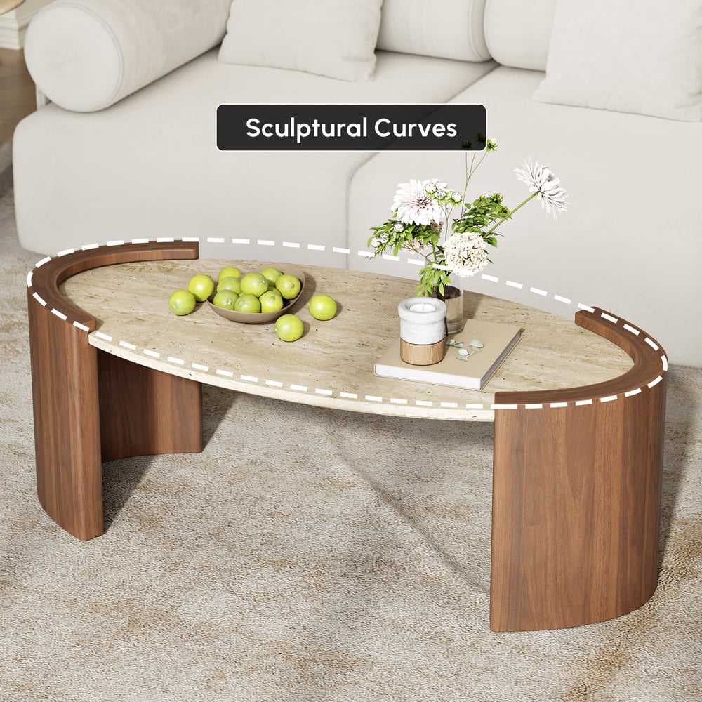 43" Japandi Oval Travertine Stone Top Coffee Table｜Homary