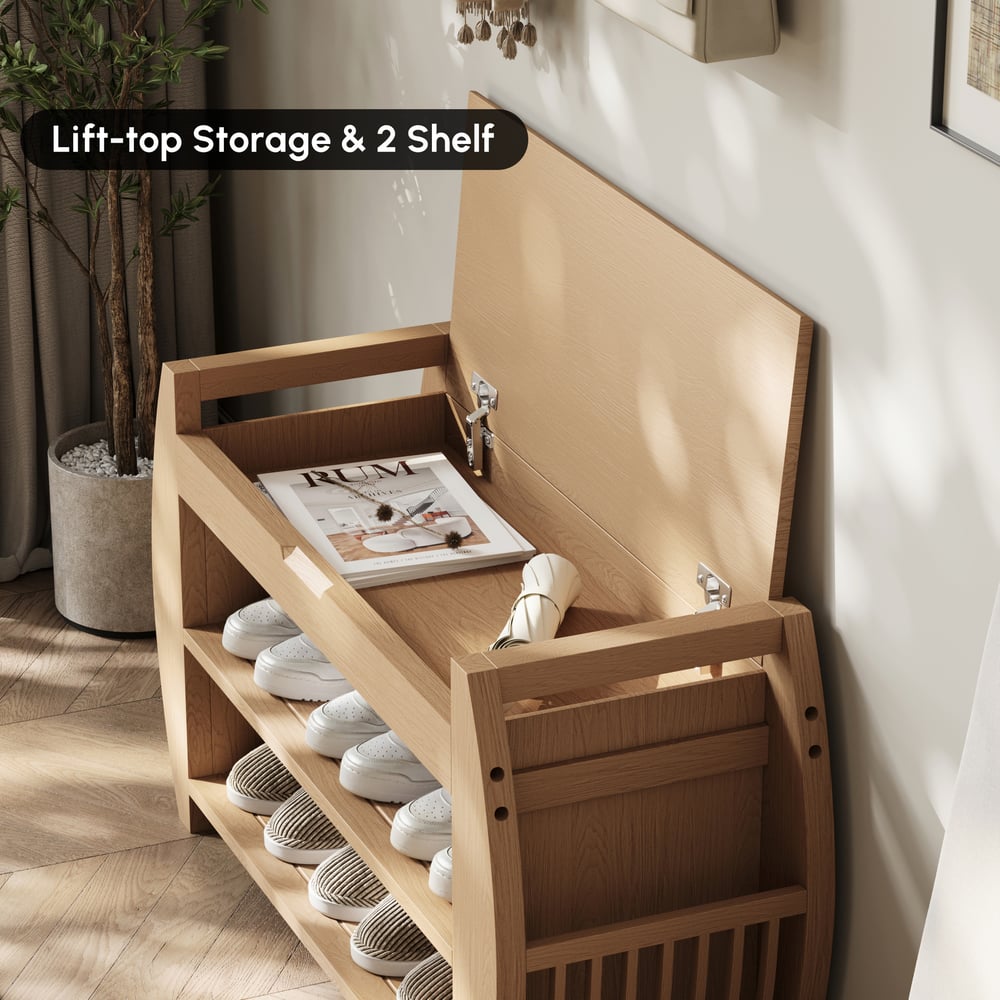 32'' Solid Wood Natural Shoe Storage Entryway Bench with Shoe Rack｜Homary