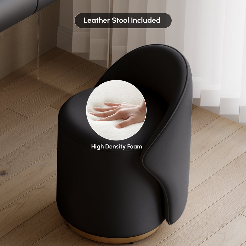 Leather Round Makeup Vanity Stool with Back Accent Chair｜Homary