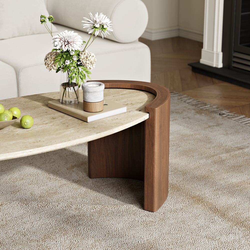 43" Japandi Oval Travertine Stone Top Coffee Table｜Homary