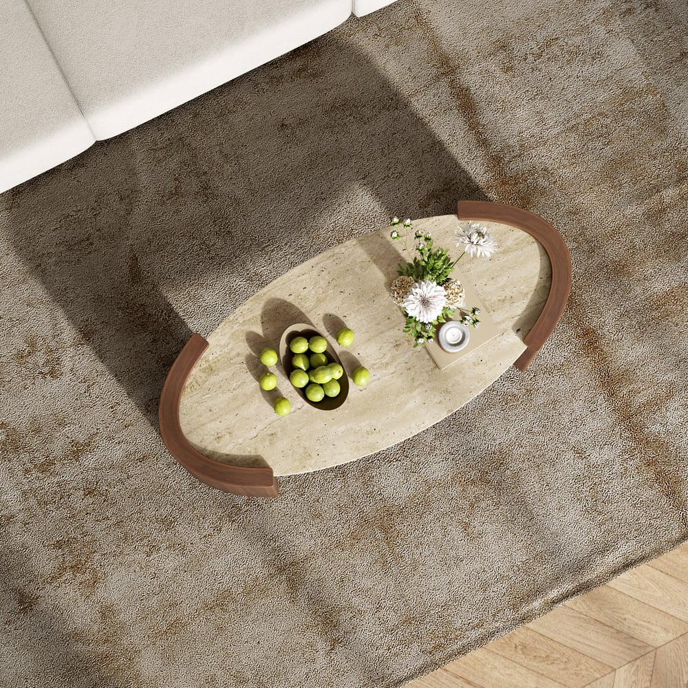 43" Japandi Oval Travertine Stone Top Coffee Table｜Homary