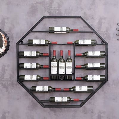 Industrial Black Octagonal Wall Mounted Wine Stand Wine Shelf in Steel ...