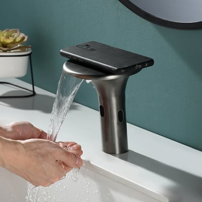 Modern Touchless Waterfall Bathroom Basin Tap & Sensor Soap Dispenser ...