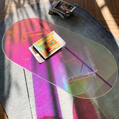 Table basse ovale moderne en acrylique transparent irisé avec 4 pieds ...