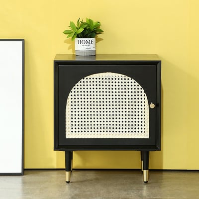 Small Modern Minimalist Wood Nightstand in Black with Rattan Door | Homary
