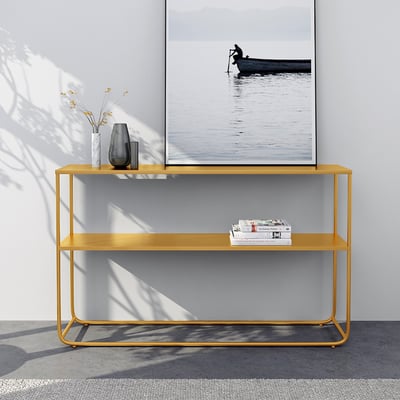 Modern Narrow Metal Console Table with Shelf in Black | Homary