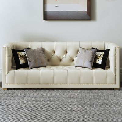 66" Beige Tufted Chesterfield Sofa Microfiber Leather Upholstered 2 ...