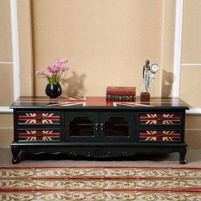 Vintage Retro Black TV Stand Patterned Entertainment Center with Doors ...