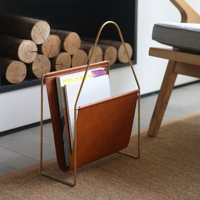 Brown Leather Magazine Rack in Stainless Steel | Homary