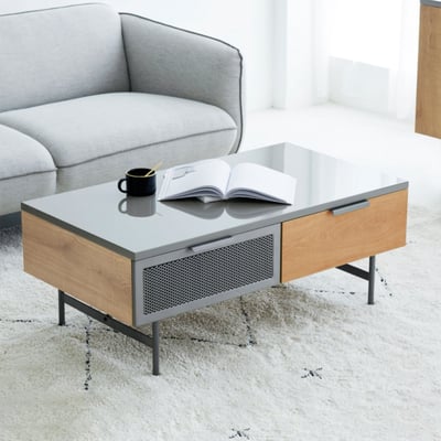 Modern Gray Coffee Table Rectangular Accent Table with 2-Drawer Metal ...