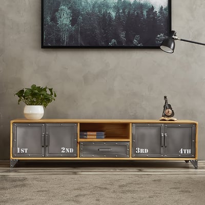 Modern Industrial TV Console with Doors & Shelves Distressed Cable ...