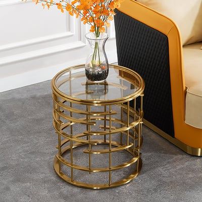 Modern Round Side Table with Tempered Glass Top & Gold Stainless Steel ...