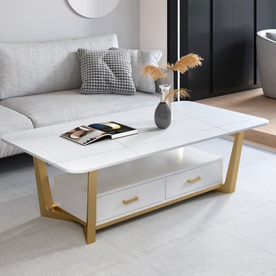 White Coffee Table with Drawers & Storage Sintered Stone Tabletop ...