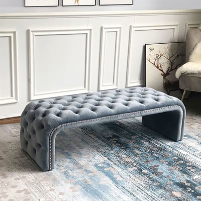 Tufted Bench Blue Velvet Upholstered Bench Ottoman Bench Mid-Century ...