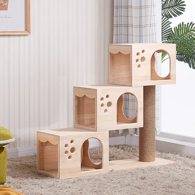 51.1" Multilevel Cat Tree Condo Pine Wood Cat Step Sisal Scratch Post ...