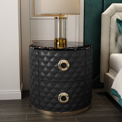 Black & Gold Round Nightstand with 2 Drawer Faux Marble Top | Homary UK