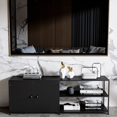 Modern Black TV Stand Metal Frame with 1 Shelf & 2 Doors for TVs up to ...