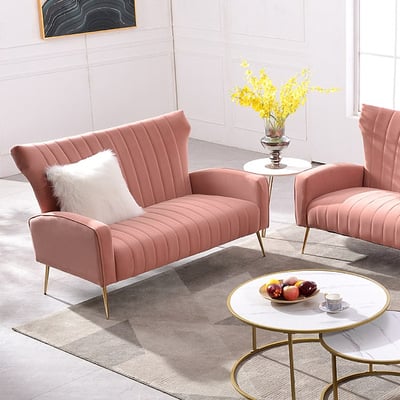Pink Upholstered Sofa Channel Tufted Wingback Chair Velvet Couch 2 ...