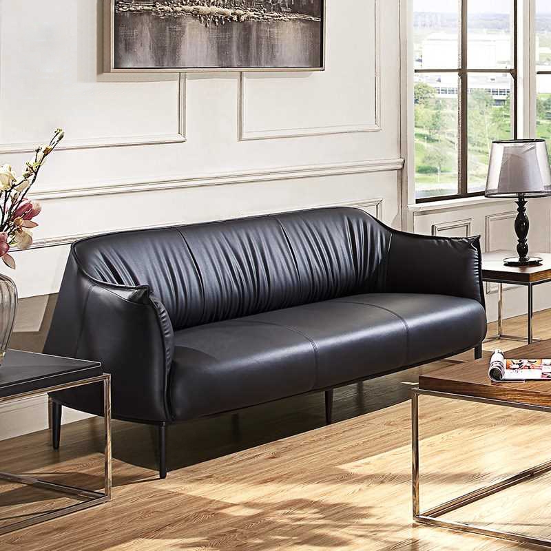 Mid-Century Modern Black Upholstered Faux Leather Sofa Wood Frame ...