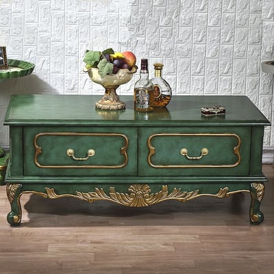 Vintage Antique Green & Gold Accent Coffee Table with 4-Drawer 48 ...