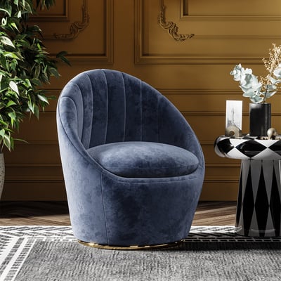 Modern Blue Barrel Chair Golden Base Velvet Upholstered Accent Chair-Homary